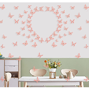 Butterfly Wall Stickers Decorations 3D Butterflies Decals for Girls Room Bedroom Nursery Decor Butterfly Birthday Party Decoration Wedding Cake Decorating 48pcs (Pink)