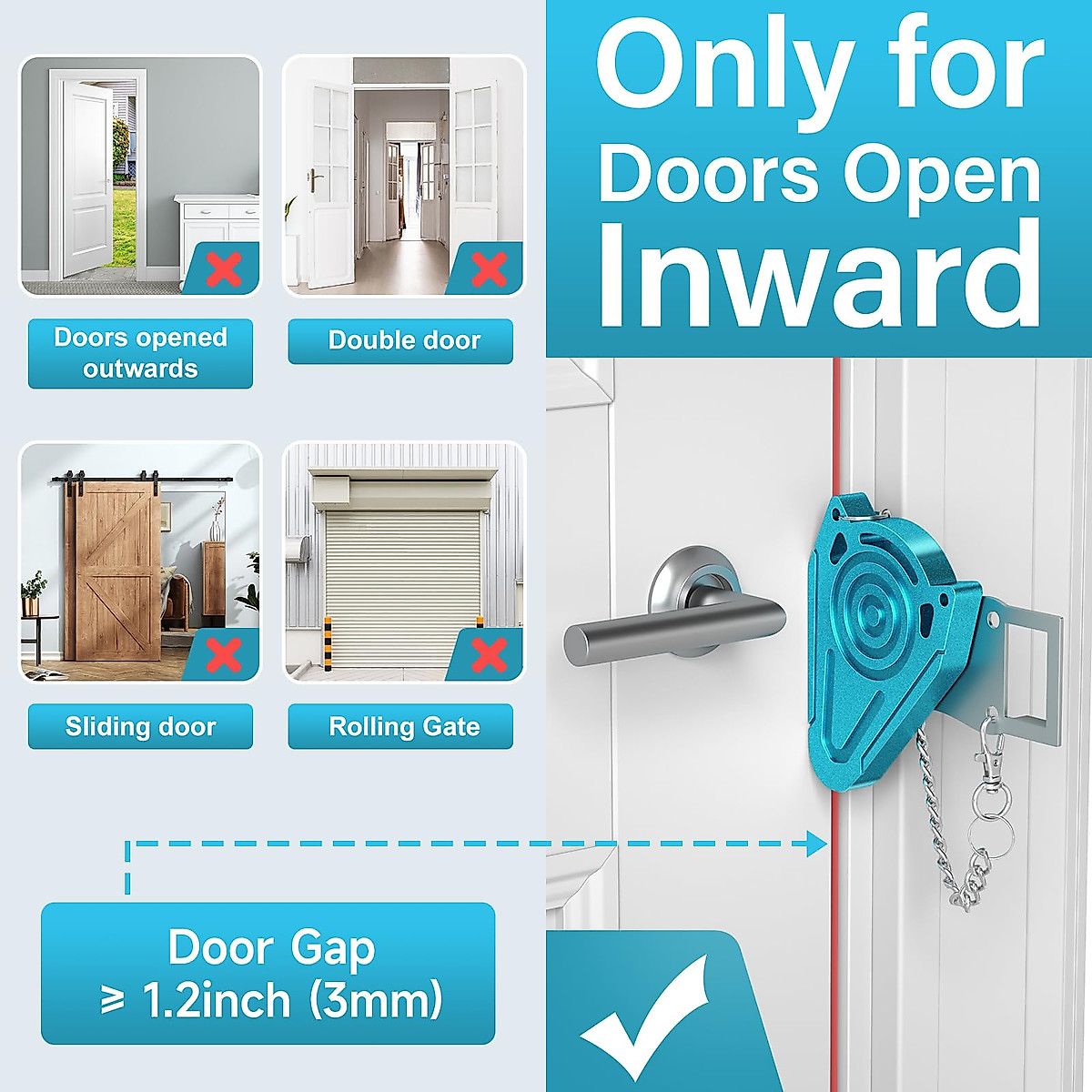 Metal Portable Door Lock for Travel Hotel Room Safety - Hotel Door Locks for Travelers Door Lock Security, Extra Lock from Inside, Apartment Home Security Device Travel Essentials,Blue