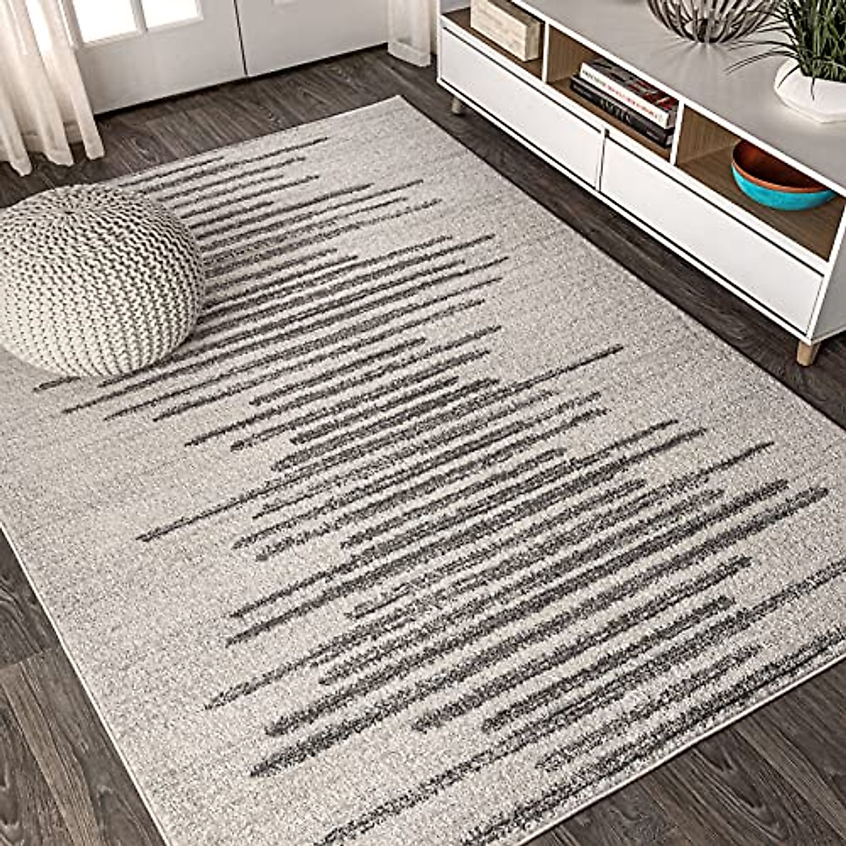 Eyely HOM205A-8 Moroccan Hype Aya Berber Stripe Geometric Indoor Area Rug Modern;Transitional;Bohemian;Rustic, Bedroom, Kitchen, Living Room, Easy-Cleaning, Non-Shedding, 8 X 10, Cream/Gray