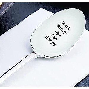 Weefair Motivational Gifts For Men Women | Dont Worry Bee Happy - Engraved Spoon Gift Coffee Tea Dessert Lovers Friends Birthday Christmas Stocking Stuffer -7 Inches Teaspoon, Silver