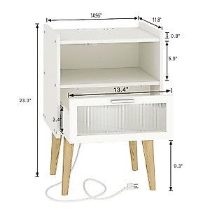 MMEOLUOOK Nightstand with Charging Station, Bedside Tables, End Table Side Table with 2 Tiers Storage Space, for Bedroom, Living Room, White MLBZ07WE