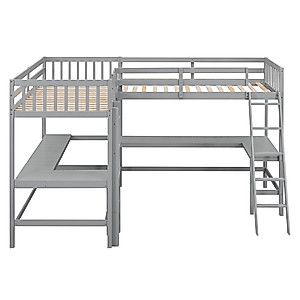 CITYLIGHT L-Shaped Loft Bed with 2 Built-in L-Shaped Desks,Wood Twin Size Loft Bed with Desk Underneath for Kids,Double Loft Beds with Guardrails and Ladders for Boys Girls Teens,Grey