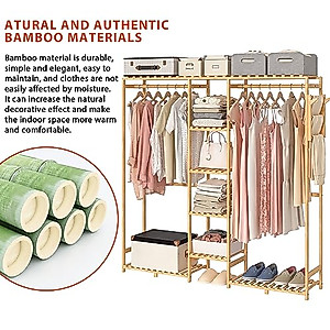 UDEAR Garment Rack Bamboo Clothes Rack for Hanging Clothes,Clothing Racks Storage Organizer with 2 Rods,5 Shelves and 2 Hooks,Multi-Functional Wardrobe Closet