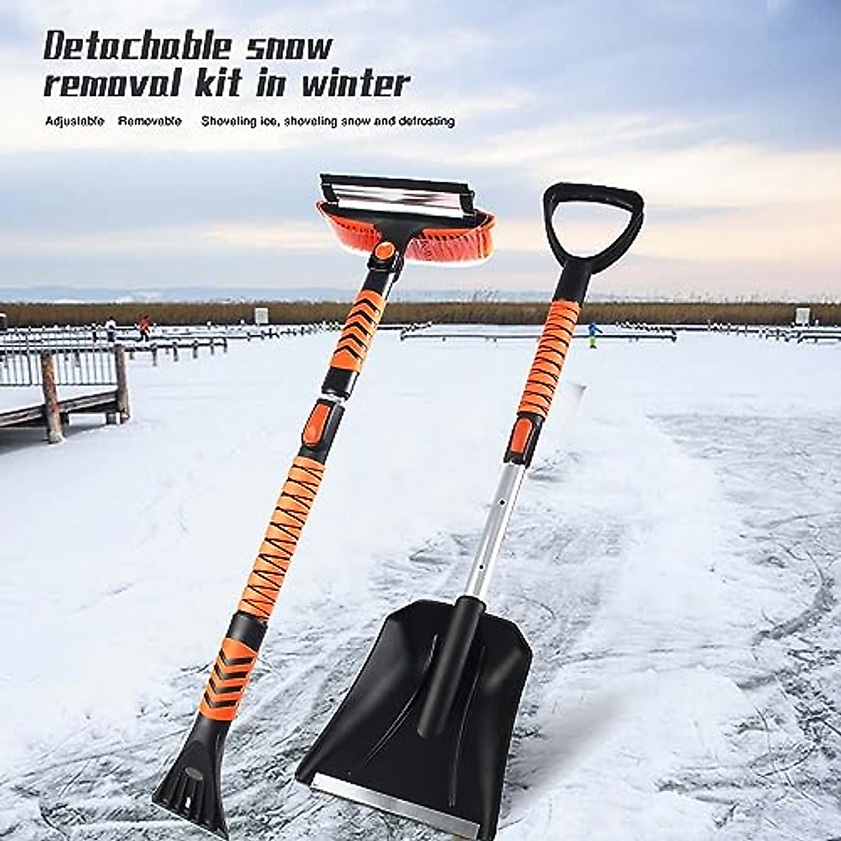 Qunlei 42" Extendable Snow Brush,Ice Scraper, and Snow Shovel-Two Poles with Foam Grip,Pivoting Brush Head-Ultimate Multi-Purpose Snow Removal Tool for Cars,Trucks,SUVs
