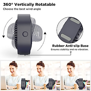 Mini USB Desk Fan Battery Operated, Duoai 2500mAh Desktop Rechargeable Small Quiet Personal Fans Portable with 360°Rotation 3 Speeds for Office Home Library Dorm Bedroom Car Outdoor Travel, Blue