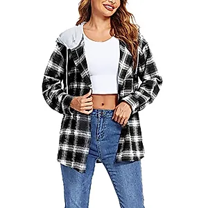 HOTOUCH Hooded Flannel Shirt Women Plaid Top Shacket Button Up Long Sleeve Blouse Lightweight Cotton Tunic Outfit Black L