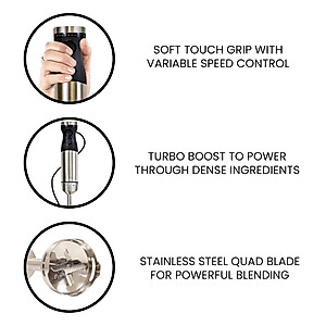 Kenmore Immersion Hand Blender Mixer Variable Speed Blender Handheld Blending Stick Smoothie Food Chopper Whisk 700mL Beaker Lid Baby Food Red Sauces Puree Soup Quad Blade Kitchen Black Silver