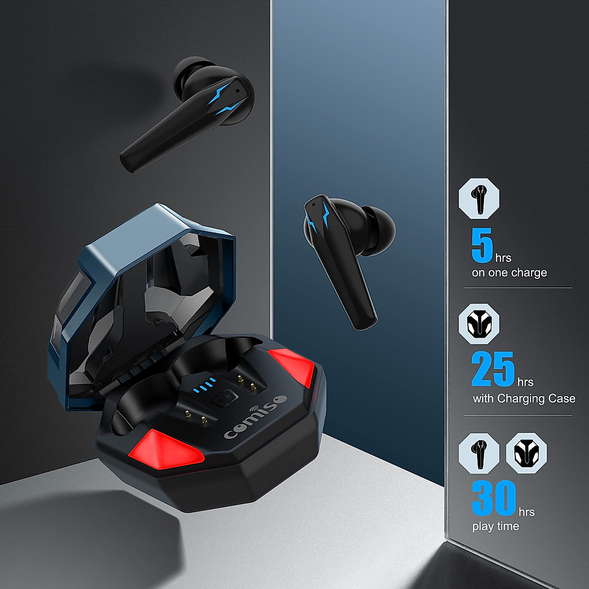 comiso Wireless Earbuds, Gaming Earphones Ultra-Low Latency HI-FI Stereo Sound Bluetooth in-Ear Headphone with Microphone Clear Call 30H Playtime for Workout Running Game Mode