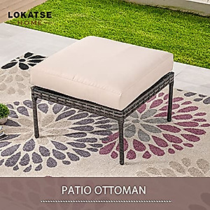 LOKATSE HOME Patio Footstool Outdoor Ottoman with Soft Thick Cushion for Garden Yard Deck Sunroom, Beige
