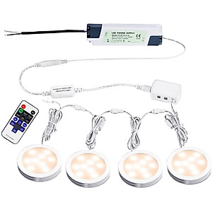 AIBOO Linkable LED Under Cabinet Lights Direct Wired 12V Slim Aluminum Dimmable Puck Lights with RF Remote Control for Accent Lighting (4 Lights, Warm White, NO Wall Plug)