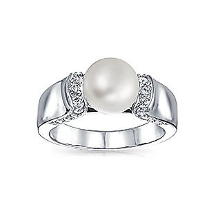 Bling Jewelry Art Deco Style Pave CZ Solitaire White Freshwater Cultured Pearl Engagement Ring For Women Silver Plated Brass