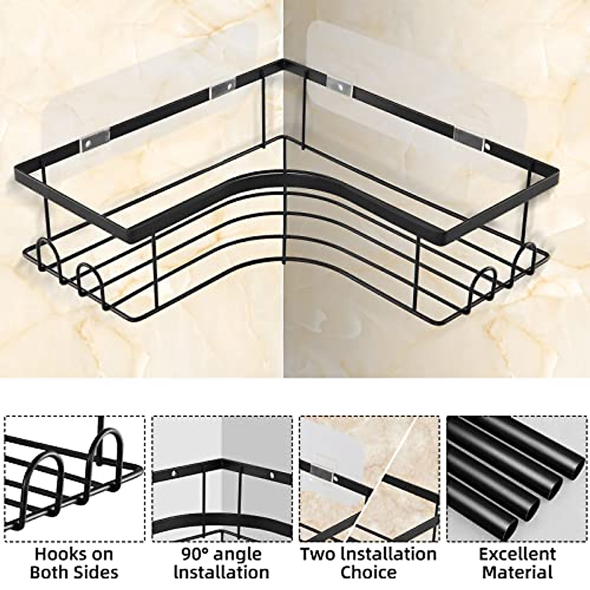 YISUN Corner Shower Caddy,Shower Organizer Corner Stainless Steel Bathroom Shower Caddy No Drilling Shower Shelves Corner with Toothbrush Holder,Soap Holder for Inside Shower,Matte Black