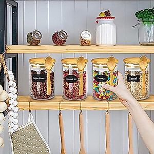 Yomarket 4 Pack Airtight Glass Jars with Bamboo Lid and Spoons 17 Oz Food Storage Container with Labels, Overnight Oats Containers with Lids for Flour, Sugar, Tea, Cookies, Candy, Cereal, Coffee