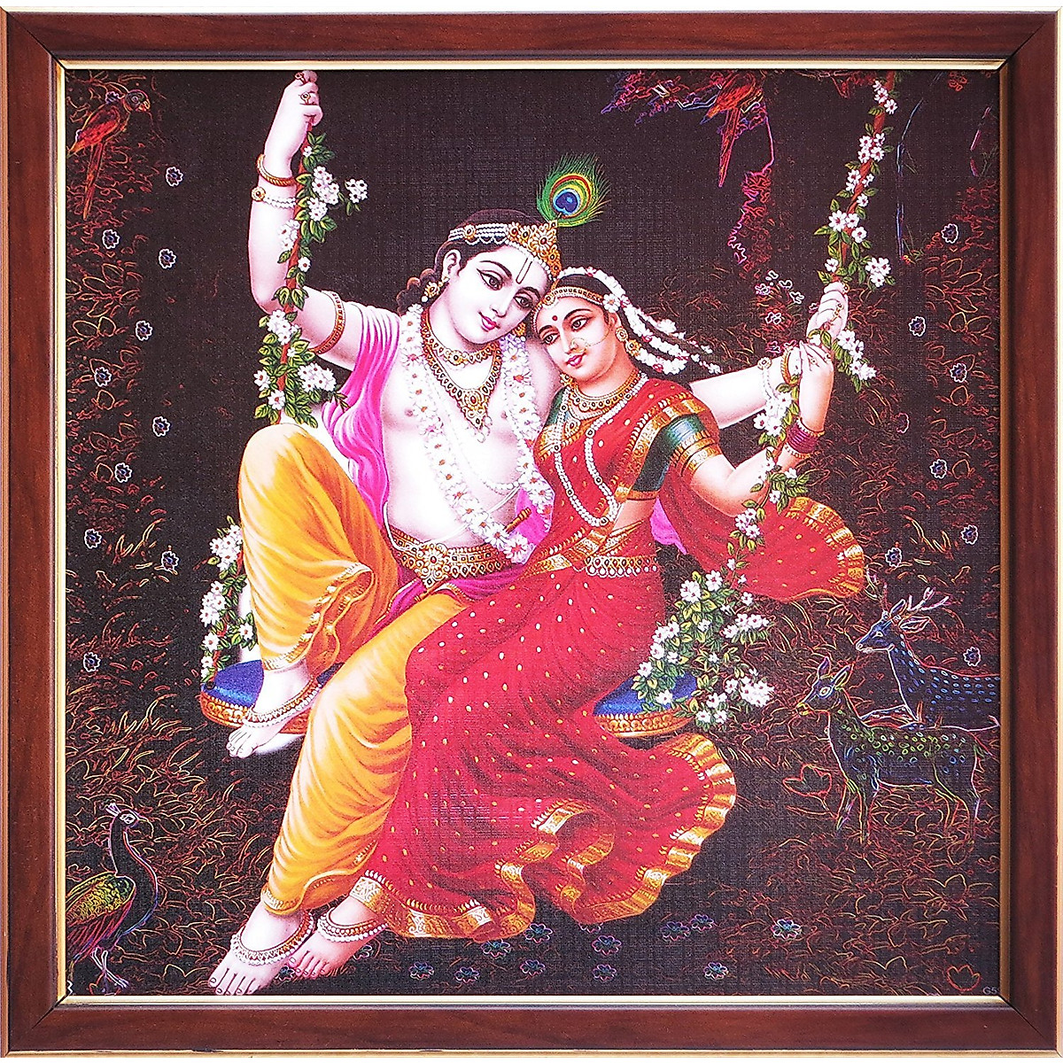 Handicraft Store Lord Radha Krishna Enjoying Jhula in Forest, Indian Religious Elegant & Decorative Poster with Framing, Must for Religious/Office/Gift Purpose
