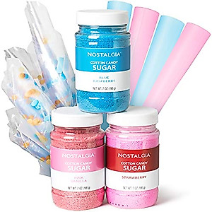 Nostalgia Cotton Candy Party Kit, 3 Flavors, 4 Reusable Cones, 10 Floss Bags