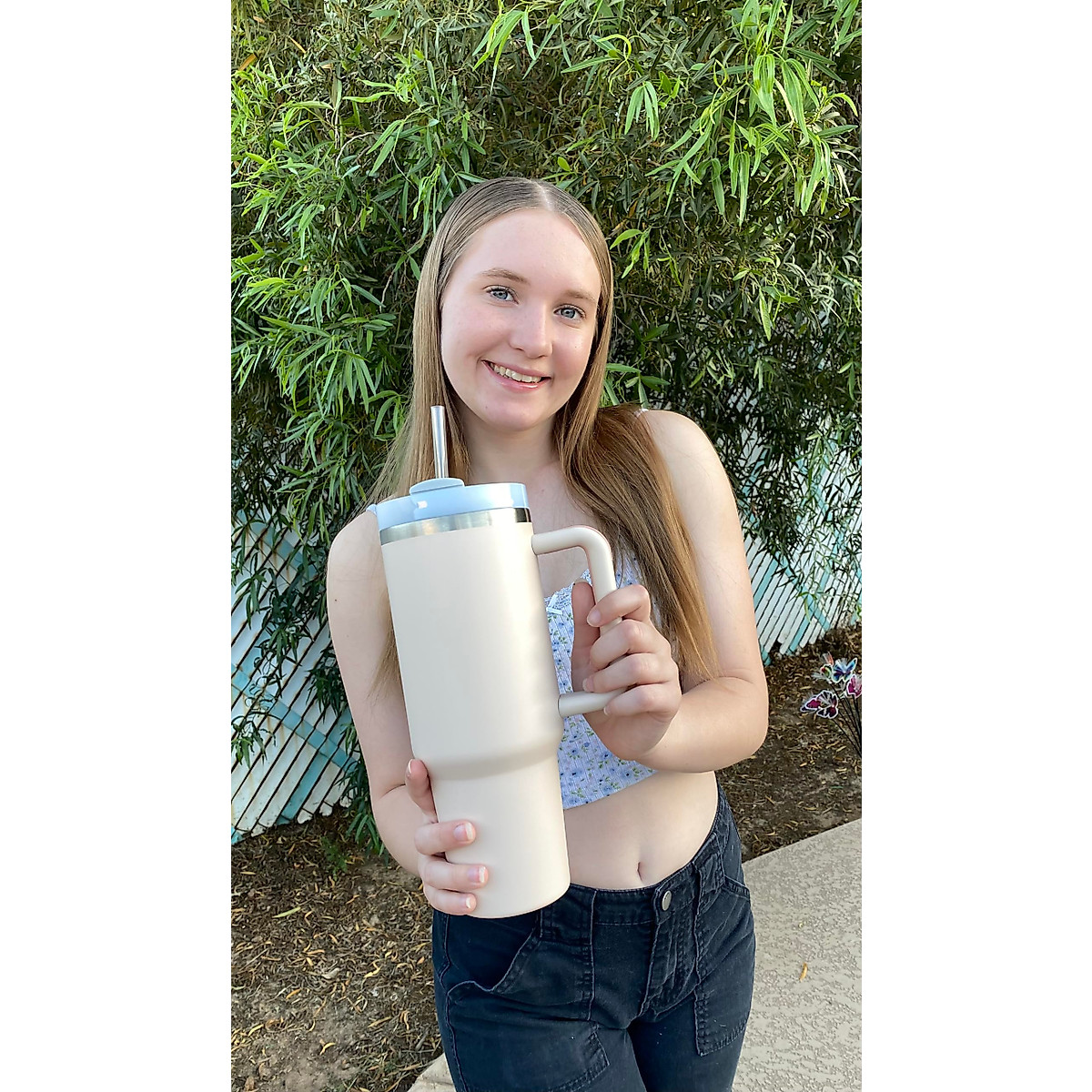 GOGOJOVE 40 OZ Tumbler with Handle and Straw,Double Wall Vacuum Reusable Stainless Steel Water Bottle for Home, Office or Car,Keep Hot/Cold for Hours (Rose Quartz)