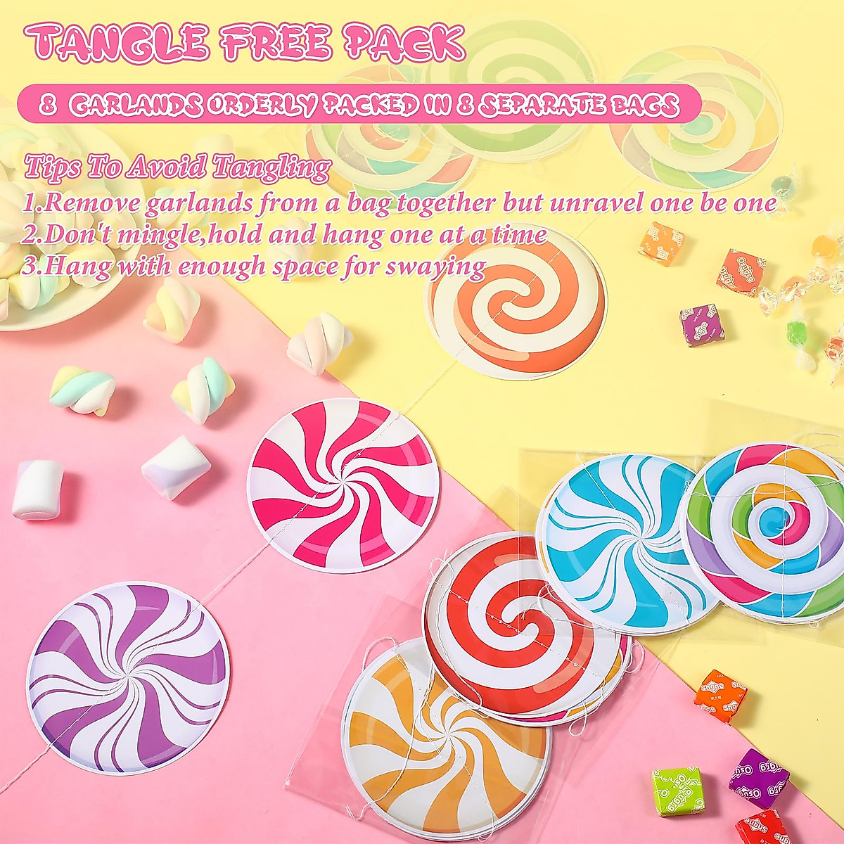 Capoda 8 Pieces Candy Party Decorations Candyland Paper Garlands Candy Paper Cutouts Lollipop Garland Banner Sweet Candy Hanging Decor for Candy Birthday Theme Party Supplies