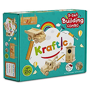 Kraftic Woodworking Building Kit for Kids and Adults, 3 Educational DIY Carpentry Construction Wood Model Kit Toy Projects for Boys and Girls - Build a Wooden Military Jet Race Car and Tractor Trailer