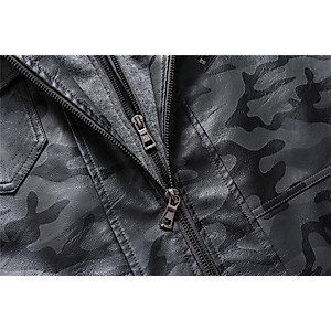Maiyifu-GJ Men's Camo Faux Leather Jacket Winter Warm Moto Jacket with Removable Hood Pu Motorcycle Bomber Jackets Outwear (Grey,Large)