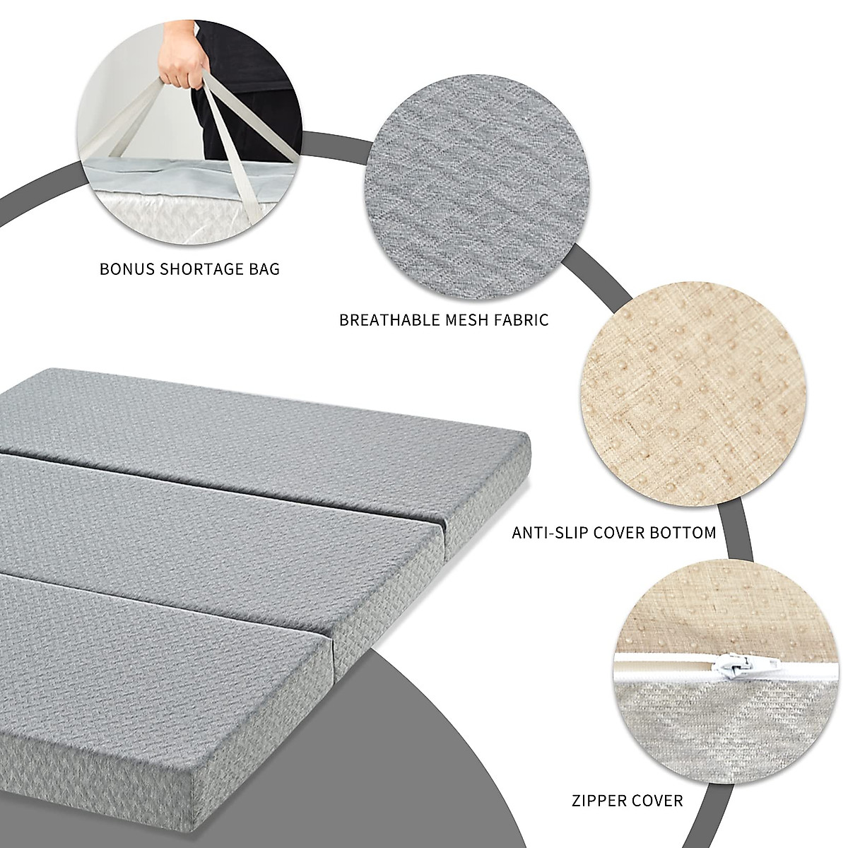 Homguava Folding Mattress Topper 4" Tri Fold Memory Foam Mattress Foldable Twin Mattress Portable Floor Mattress Camping Mat with Carry Bag for Adults, for Guest Room, Home, RV (Queen, 78"x58"x4")