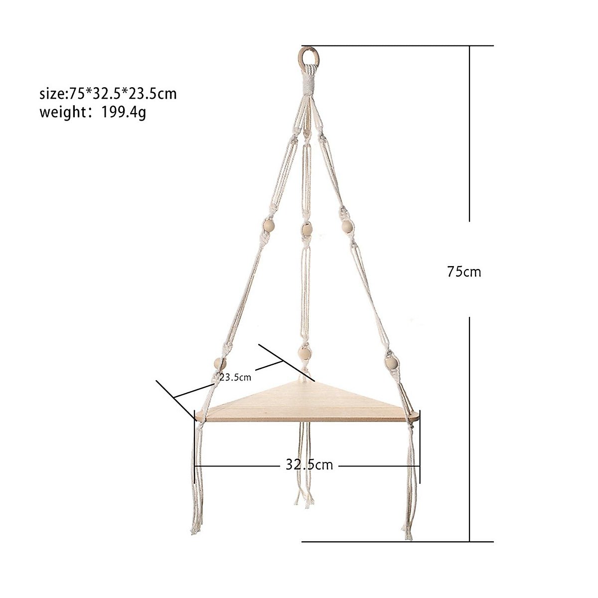 Generic Macrame Hanging Shelf Shelf Rustic White Handmade Corner Rope Shelf for, 32.5cmx23.5cmx75cm, Beige