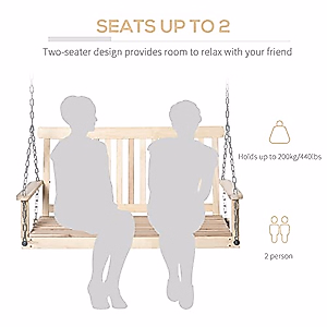 Outsunny 2-Seater Hanging Porch Swing Outdoor Patio Swing Chair Seat with Slatted Build and Chains, 440lbs Weight Capacity, Natural