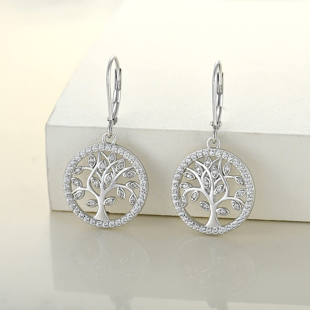 YL Tree Earrings 925 Sterling Silver Tree of Life Dangle Drop Earring Round AAA Cubic Zirconia Leverback Jewelry for Women
