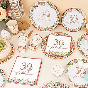 Crisky 30th Birthday Napkins and Plates for Women Rose Gold Floral Party Decoration, 30 and Fabulous Plates and Napkins for Women 30th Birthday.