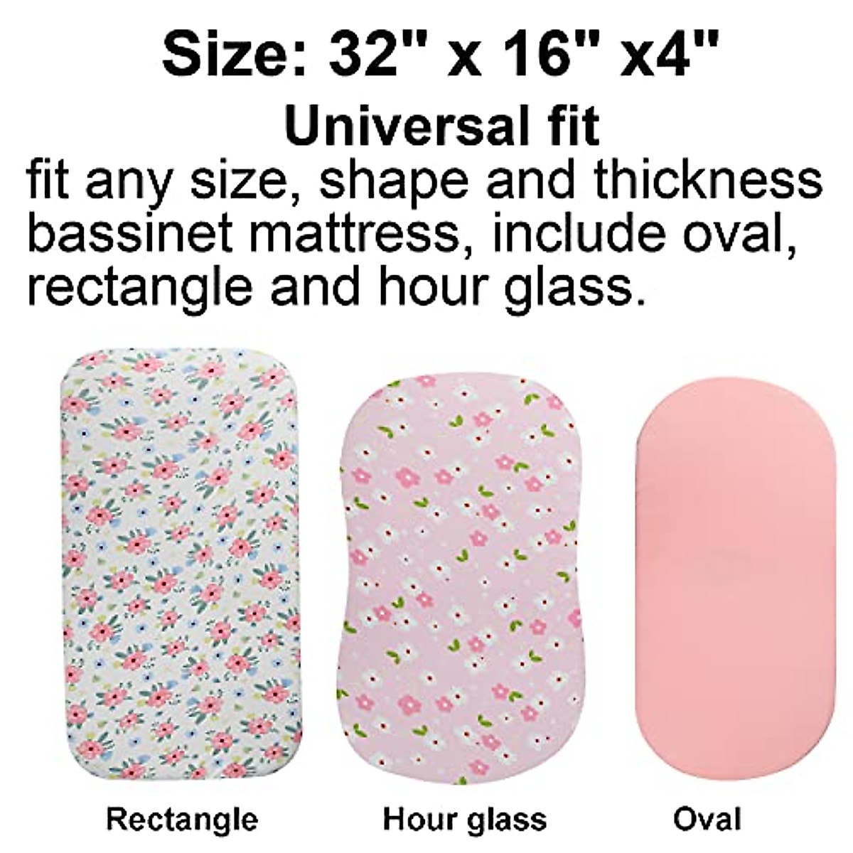 Bassinet Sheets Set 3 Pack for Baby Girl, Stretchy Soft Jersey Knitted Fitted Sheet Universal for Oval Rectangle and Hourglass Bassinet Mattress, Pink Floral