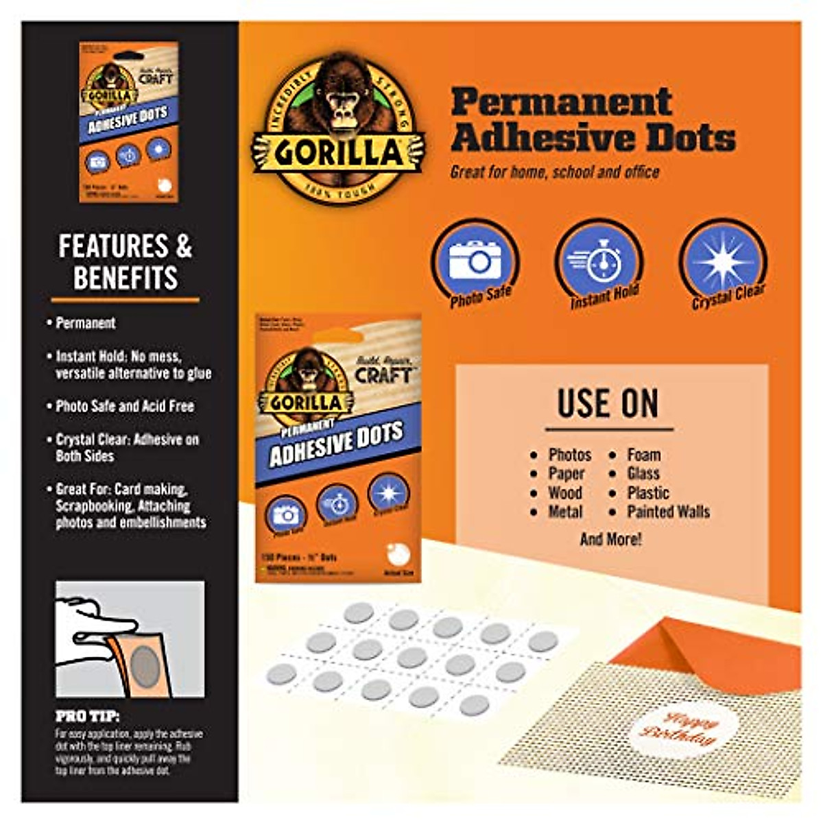 Gorilla Permanent Adhesive Dots, Double-Sided, 150 Pieces, 0.5" Diameter, Clear, (Pack of 3)