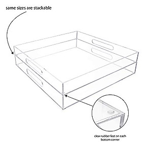 Isaac Jacobs Clear Acrylic Serving Tray (15x15) with Cutout Handles, Spill-Proof, Stackable Organizer, Space-Saver, Food & Drinks Server, Indoors/Outdoors, Lucite Storage Décor & More
