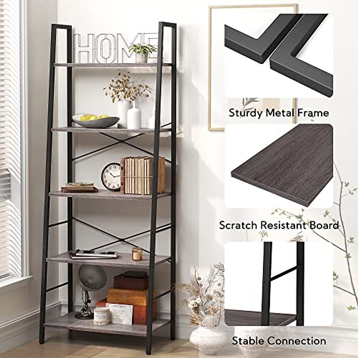 Yusong Bookshelf, Ladder Shelf 5-Tier Bookcase for Bedroom, Industrial Book Shelves Storage Rack with Metal Frame for Home Office, Gray