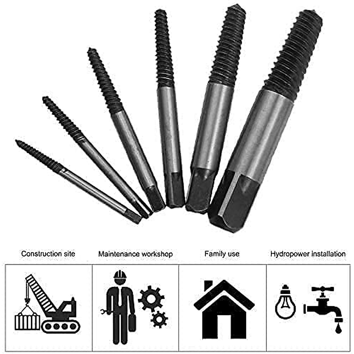 6 Pcs Broken Bolt Extractor Kit, Pipe Screw Extractor Set, Damaged Bolt Water Pipe Remover Set for 1/8 to 1 inch Thread Broken Stud, Screw, Bolt Easy Back Out