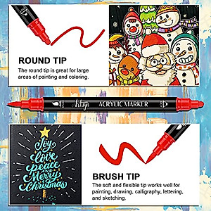 24 Colors Acrylic Paint Pens, Dual Tip Pens With Medium Tip and Brush Tip, Paint Markers for Rock Painting, Ceramic, Wood, Plastic, Calligraphy, Scrapbooking, Brush Lettering, Card Making, DIY Crafts