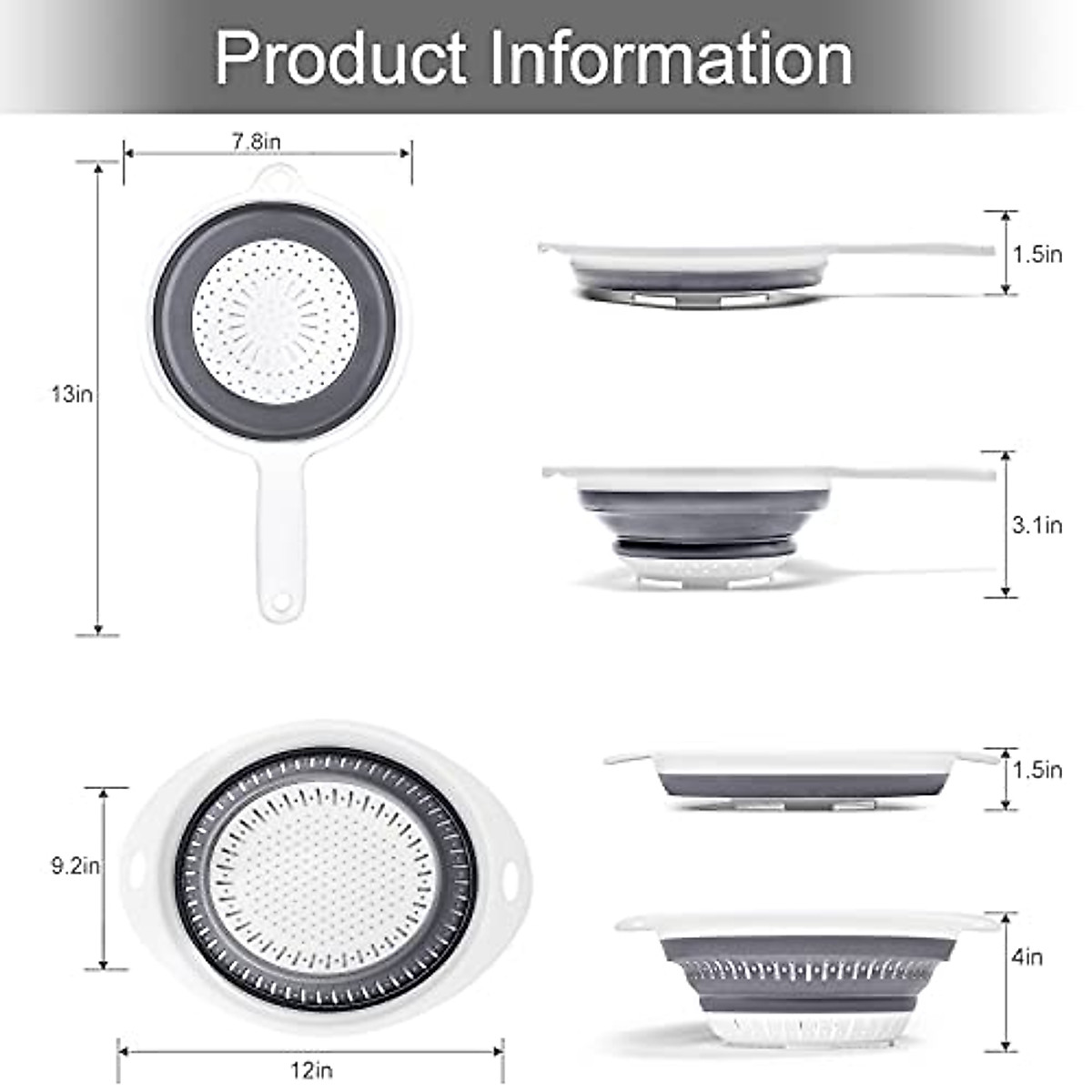 Silicone Colander Collapsible Colanders and Strainers - 2 Quart Pasta Food Strainer Kitchen Strainer with Handle