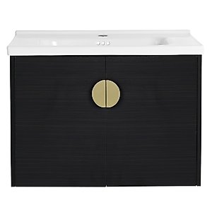 28-Inch Wall Mounted Bathroom Vanity with Sink Combo Modern Single Bathroom Vanity Set with Top Ceramic Basin & Storage Cabinet Wood Hanging Bath Cabinet w/Resin Sink for Bathroom (Black-28 Inch)