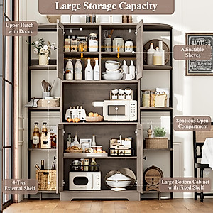 HITHOS 70" Kitchen Pantry Storage Cabinet, Tall Kitchen Hutch Cabinet with Microwave Stand, Industrial Pantry Cabinet with 8 Open Shelves & Coffee Bar Cabinet for Dining Room, Living Room, Ash Gray