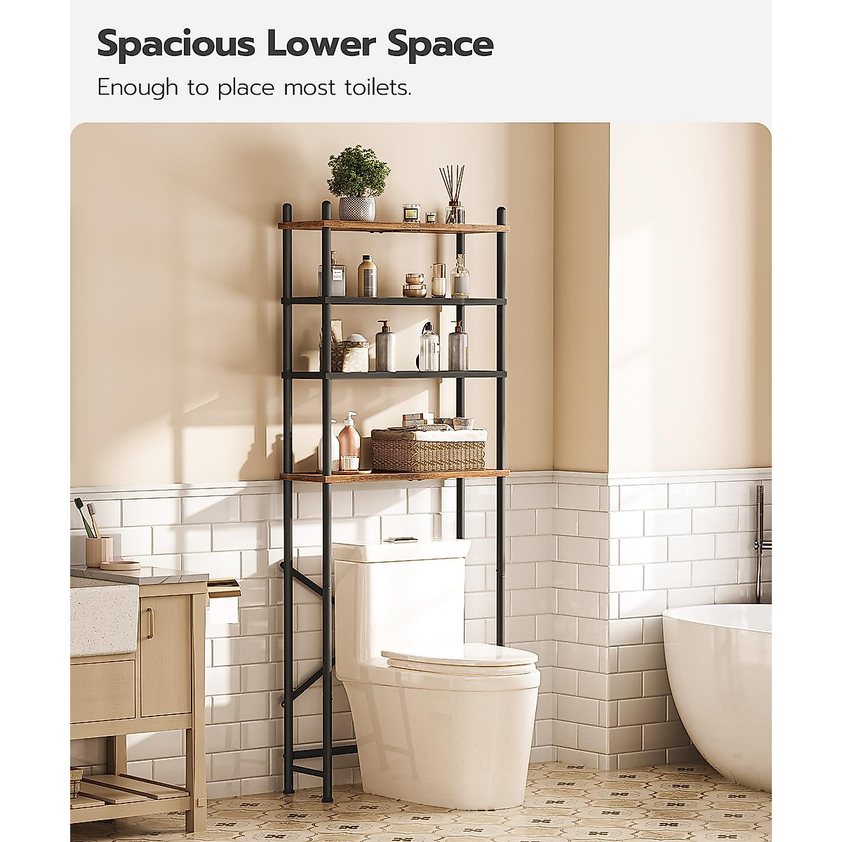 HOOBRO Over The Toilet Storage, 4-Tier Over Toilet Bathroom Organizer, Freestanding Above Toilet Shelf with Adjustable Feet, Space Saving, Easy to Assemble, Rustic Brown and Black BF64TS01