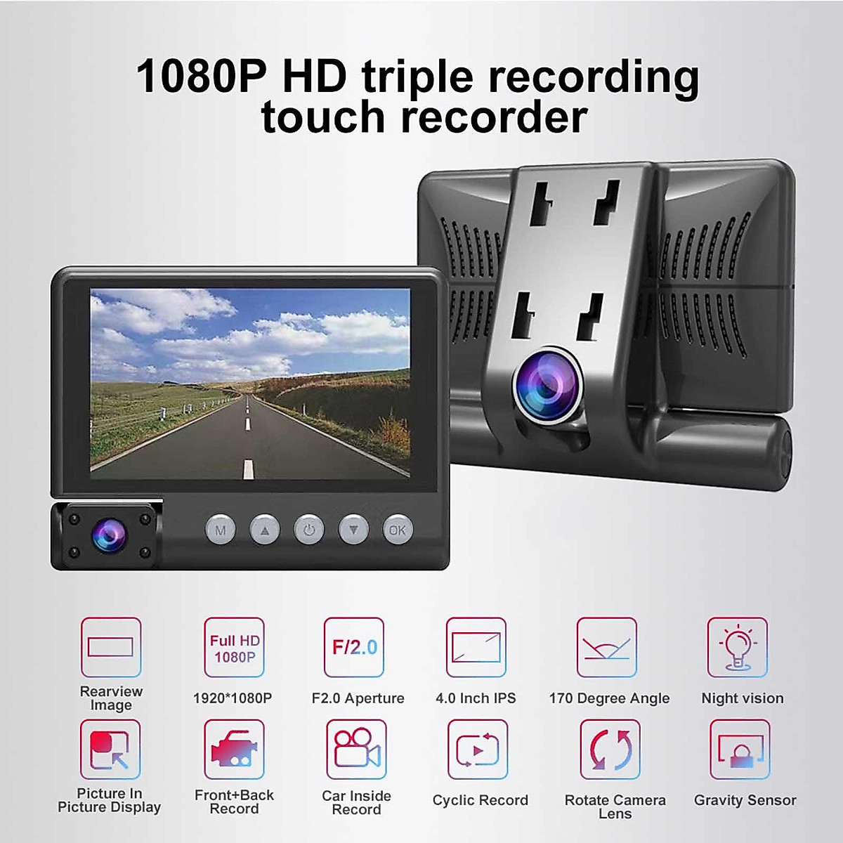 1080P FHD DVR Car Driving Recorder Dash Cam - 4.0Inch IPS Screen 170° Wide Angle G-Sensor Parking HD Night Vision Loop Recording Touchable Screen Car Dashboard Camera