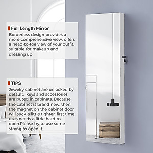 GISSAR Full Length Mirror Jewelry Cabinet, 6 LEDs Jewelry Armoire Wall Mounted Over The Door Hanging, Jewelry Organizer Storage with Lights Lockable, Bright White, 14.6" x 47.2"