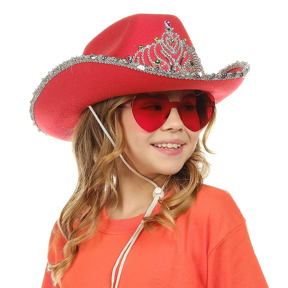Funcredible Red Cowboy Hat and Glasses - Preppy Cowgirl Hat with Tiara - Sparkly Cowboy Hat - Cowgirl Outfit Accessories for Women and Girls