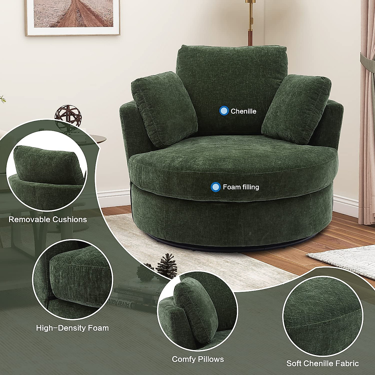 42.2" W Chenille Velvet Loveseat Sofa Swivel Barrel Chair for Bedroom with 4 Pillows, Mid Century Modern Accent Chair for Living Room, Comfy Reading Chair for Office/Library/Home, Green