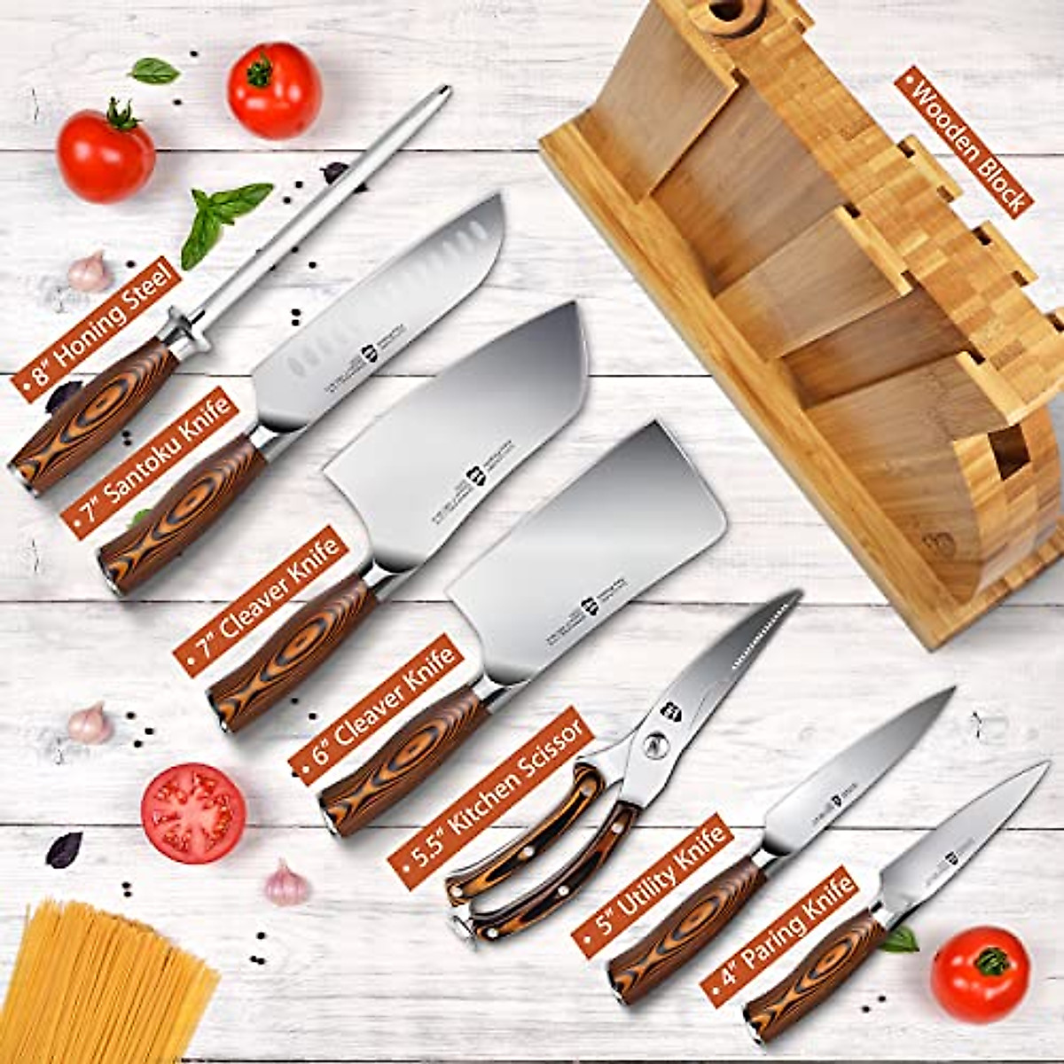 TUO 8-pcs Kitchen Knife Set - Forged German X50CrMoV15 Steel - Rust Resistant - Full Tang Pakkawood Ergonomic Handle - Kitchen Knives Set with Wooden Block - Fiery Phoenix Series