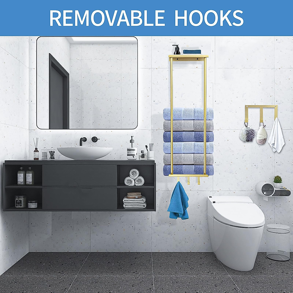 HOTNIU Towel Rack Wall Mounted Bathroom Towel Holder for Rolled Towels, Gold Metal Towel Storage Organizer with Shelf and 3 Removeable Hooks