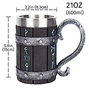 Nordic Viking Rune Mug Tankard Stainless Steel Wooden Resin 3D Norse Decor Coffee Cool Gothic Beer Tankard Stein Cup Mugs 20oz