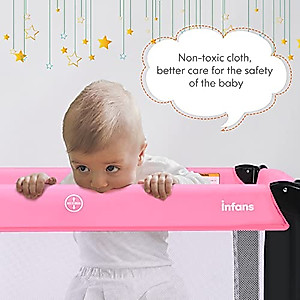 INFANS Pack and Play, Portable Playard with 50pcs Ball Pit Balls Carry Bag, Breathable Mattress, Washable Sheet Cover, Easy Folding Baby Crib Playpen Activity Center (Pink)