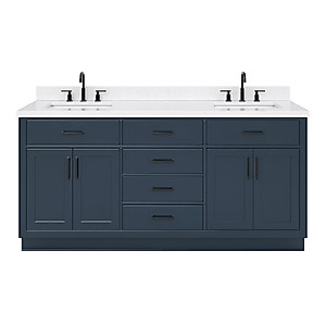 ARIEL Hepburn 72" Midnight Blue Double Vanity, 1.5" Edge Carrara Quartz Countertop & Splash, Rectangular Sinks, 4 Soft Closing Doors, 6 Full Extension Dovetail Drawers, Toe Kick, Matte Black
