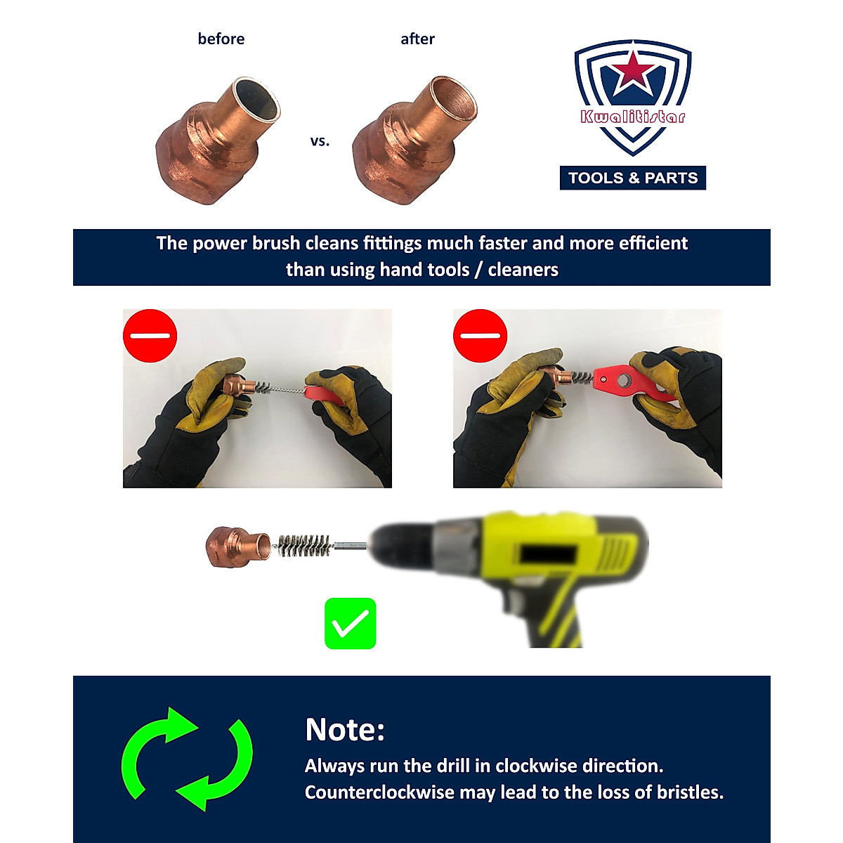 3-Size[6pc] Fitting Cleaning Brush Set (1/2, 3/4, 1.0-inch) Copper Pipe Cleaner for Power Drill, Stainless-Steel Wire Bore Brush, Metal Tube Brushes, Prep Copper/Bronze/Brass Fittings for Soldering