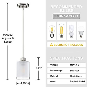 Dolaimi House 3 Pack 1-Light Pendant Ceiling Light Industrial Farmhouse Fixture Clear Frosted Glass with Brushed Nickel Finish for Bedroom Hallway Dining Room Entryway Kitchen Cafe Bar