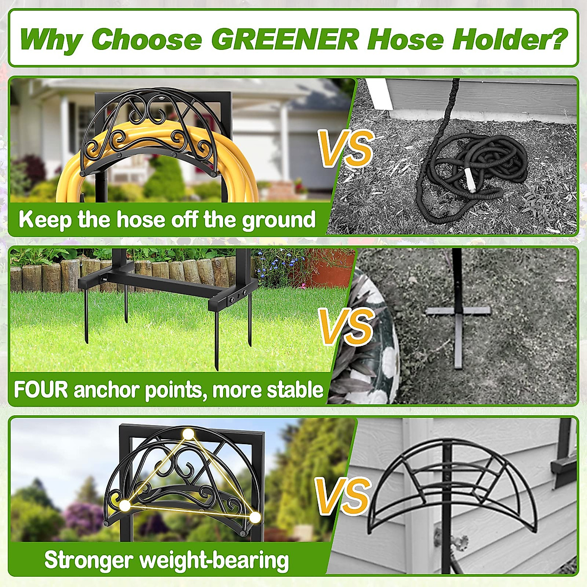 GREENER Garden Hose Holder GREENER Detachable Water Hose Holder Freestanding Heavy Duty Metal Hose Hanger Holds 150-feet Hose,Outdoor Hose Holder Storage Hose Stand Rack For Outside Yard Lawn,Black